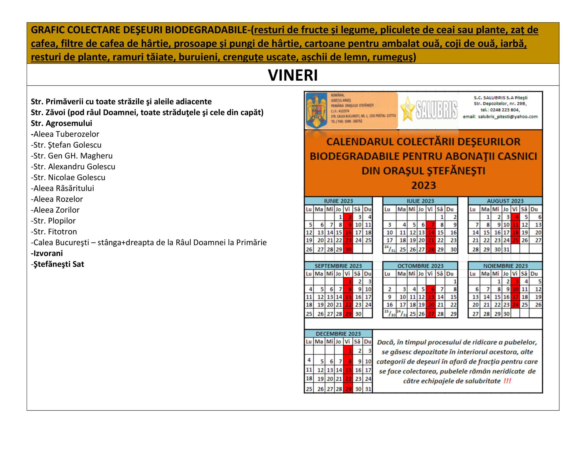 GRAFIC COLECTARE DEȘEURI BIODEGRADABILE - Primaria Stefanesti